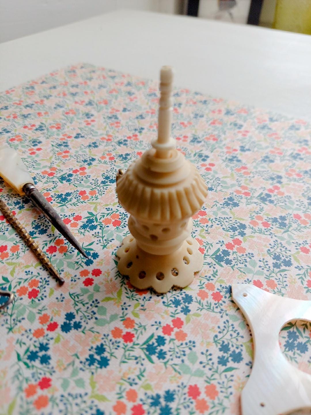 Pale Tagua Nut or Vegetable Ivory Pagoda Tape Measure With Bone Winder ...