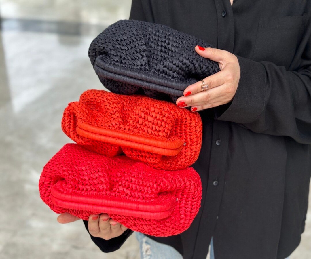 Natural Raffia Crochet Clutch Bag | Straw Knitted Raffia Bag | Colorful ...