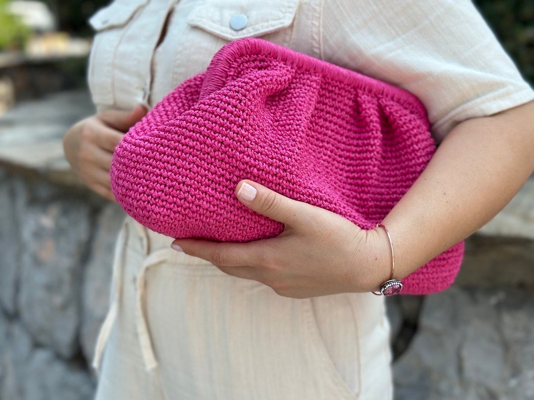 Candy Pink Raffia Natural Handbag | Straw Knitted Raffia Bag | Pouch ...