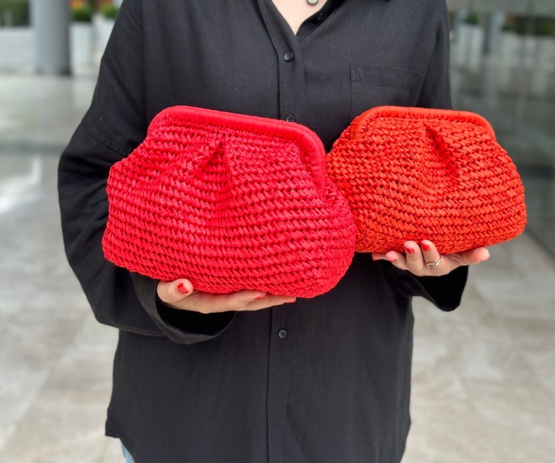 Natural Raffia Crochet Clutch Bag | Straw Knitted Raffia Bag | Colorful ...