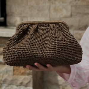 Dark Brown Raffia Clutch Bag | Woven Straw Knitted Raffia Bag | Pouch ...
