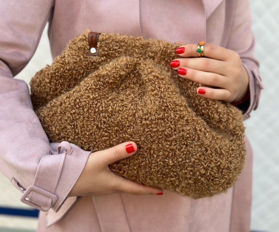 Beige Boucle Bag | Shearling Clutch for Wedding Bag | Knitting Puffy ...