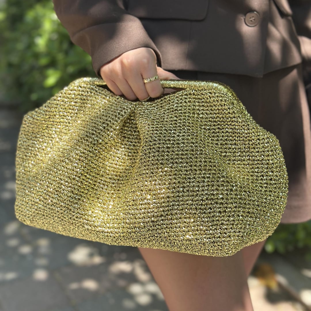 Gold Metallic Top Handle Purse Handmade Woven Evening Handbag for Party ...