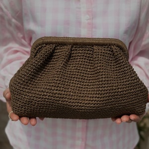 Dark Brown Raffia Clutch Bag | Woven Straw Knitted Raffia Bag | Pouch ...