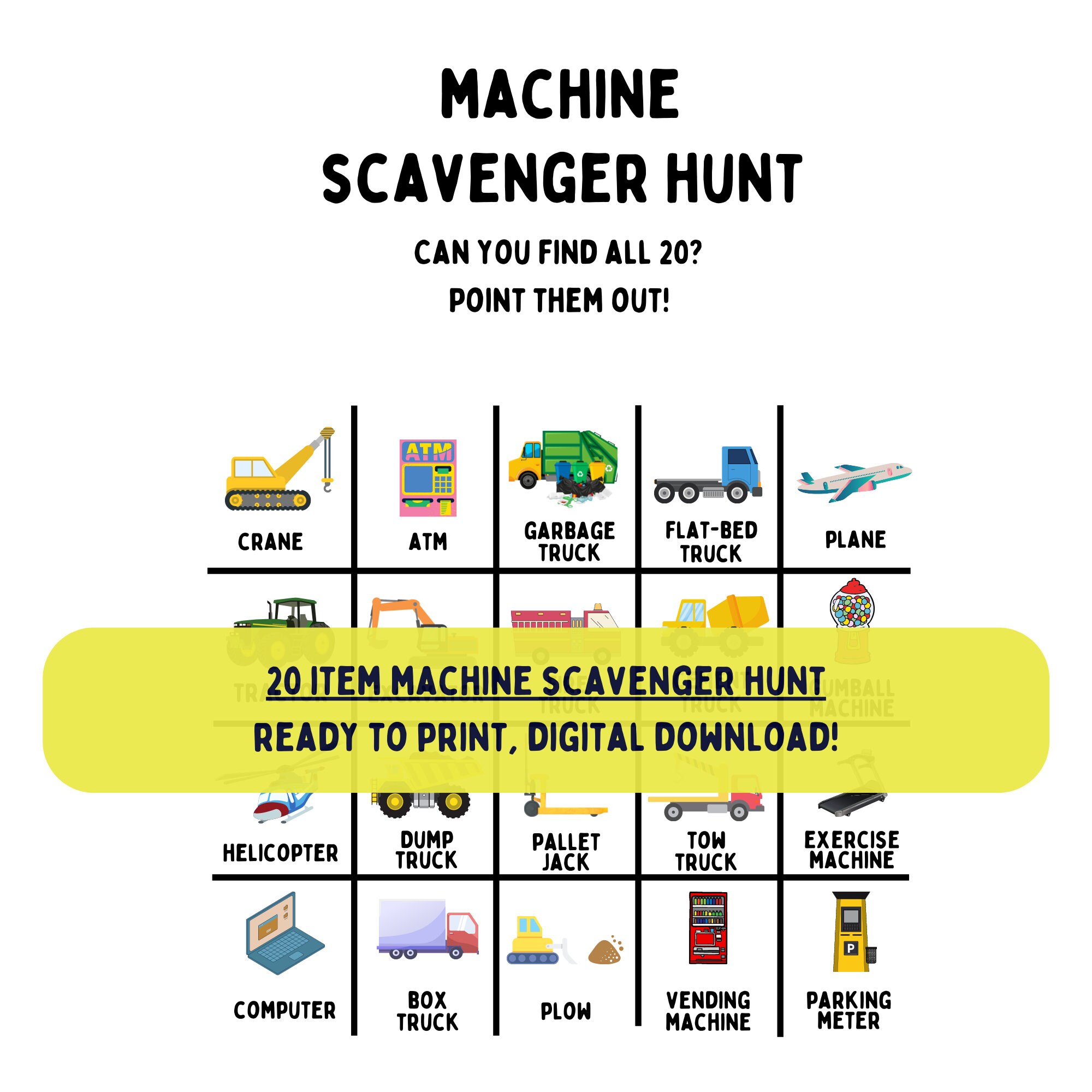 Machine Scavenger Hunt for All Ages, Printable Construction Vehicle ...
