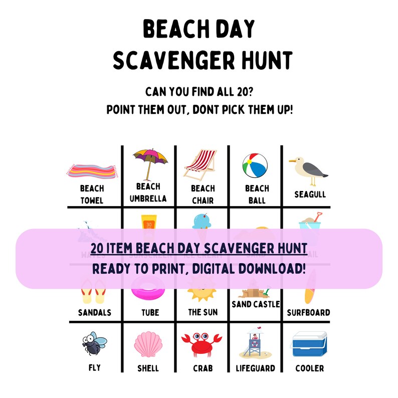 Beach Day Scavenger Hunt for Kids, Toddler Beach Activity, Printable ...