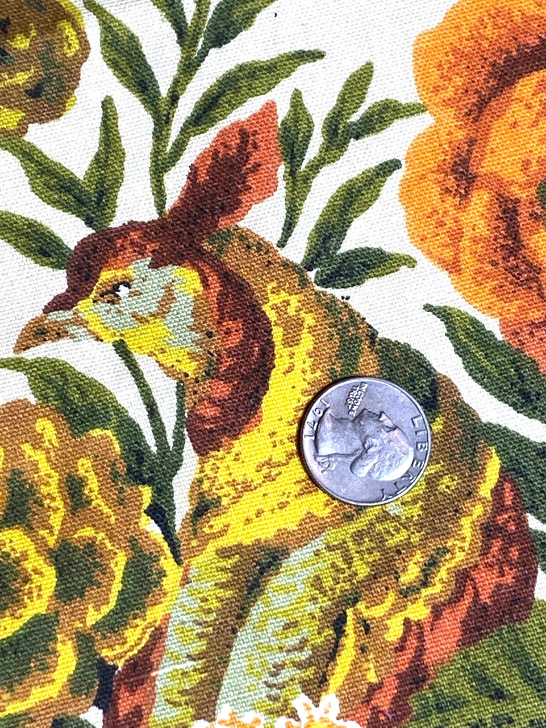 1970s Large Pheasant Bird Floral Design Fabric-vintage Fabric-linen ...