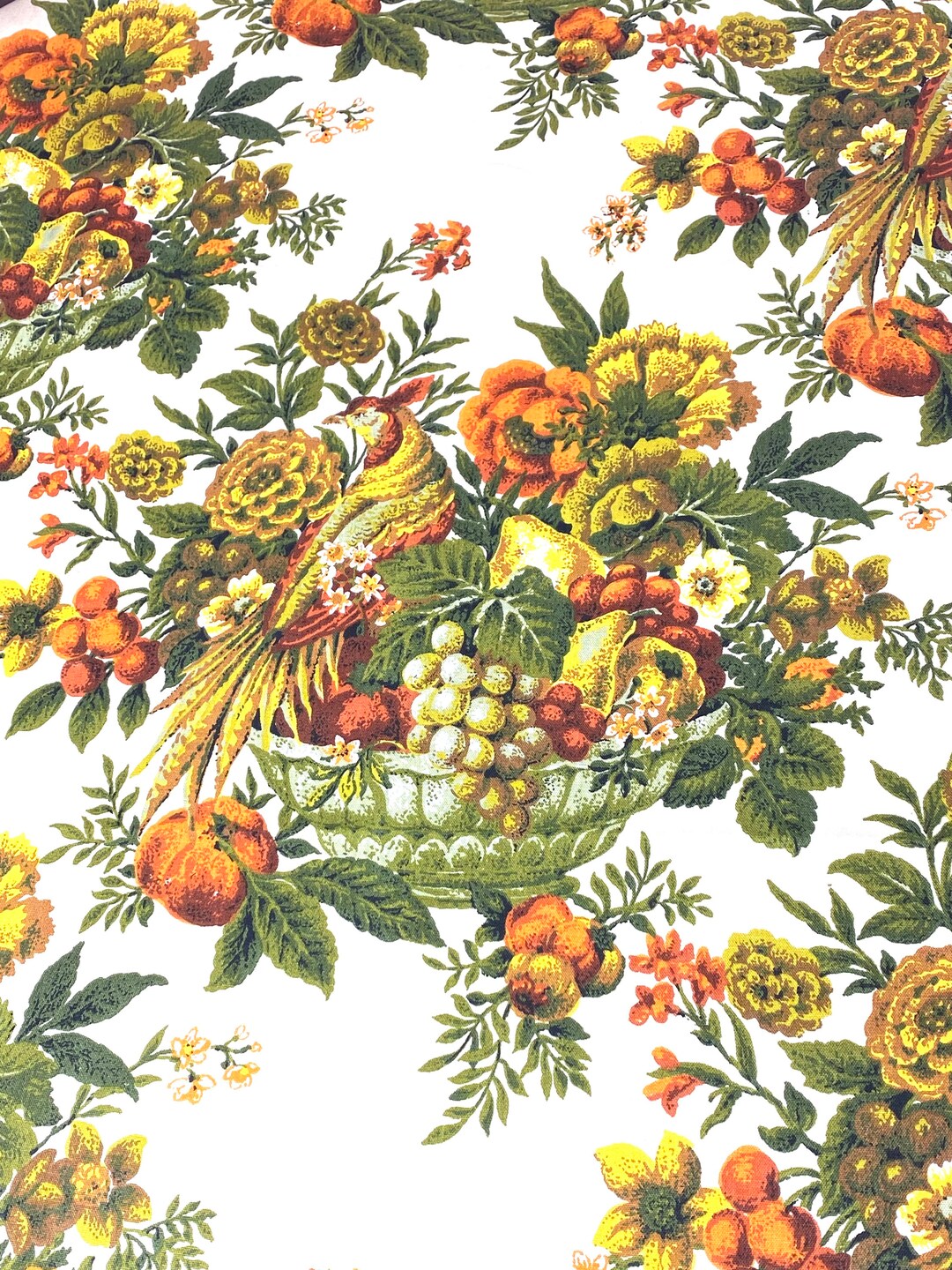 1970s Large Pheasant Bird Floral Design Fabric-vintage Fabric-linen ...