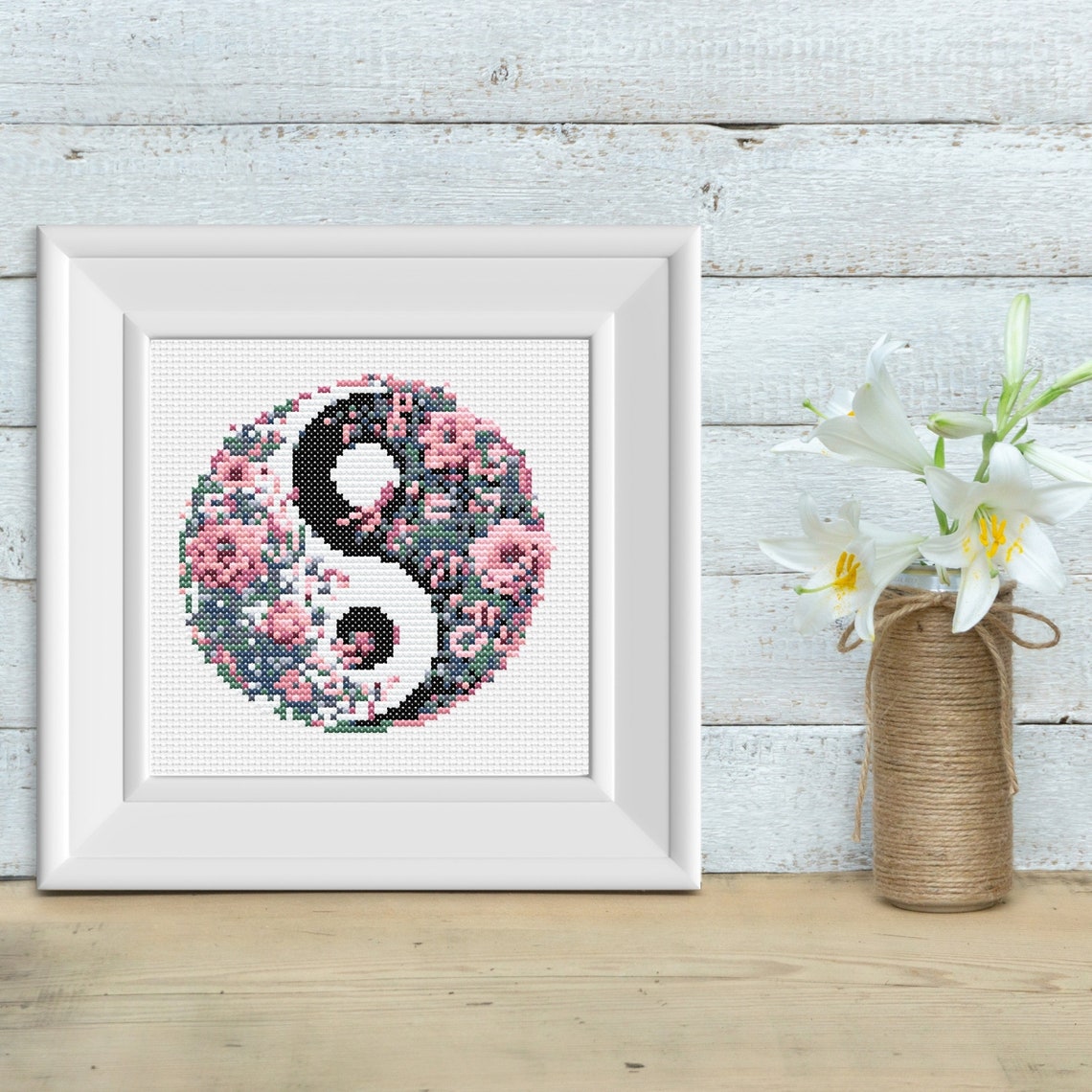 Yin Yang Cross Stitch PDF Pattern Floral Embroidery Yin Yang Handmade ...