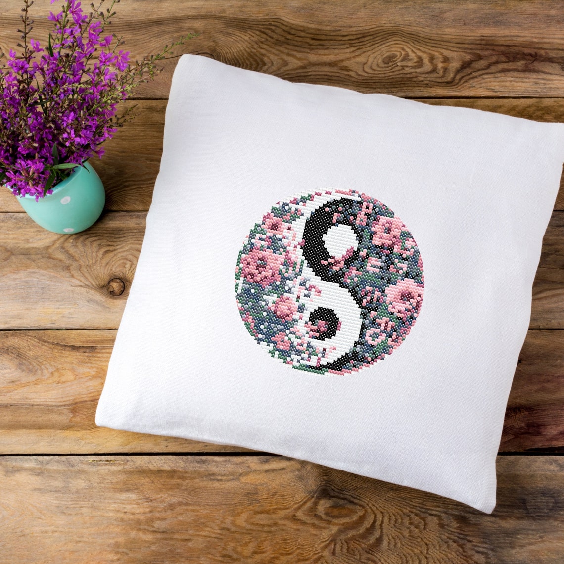 Yin Yang Cross Stitch PDF Pattern Floral Embroidery Yin Yang Handmade ...