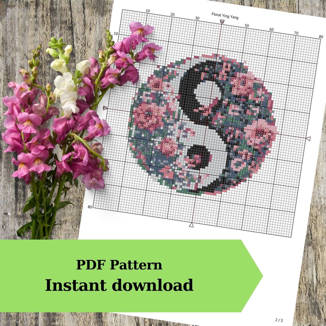 Yin Yang Cross Stitch PDF Pattern Floral Embroidery Yin Yang Handmade ...