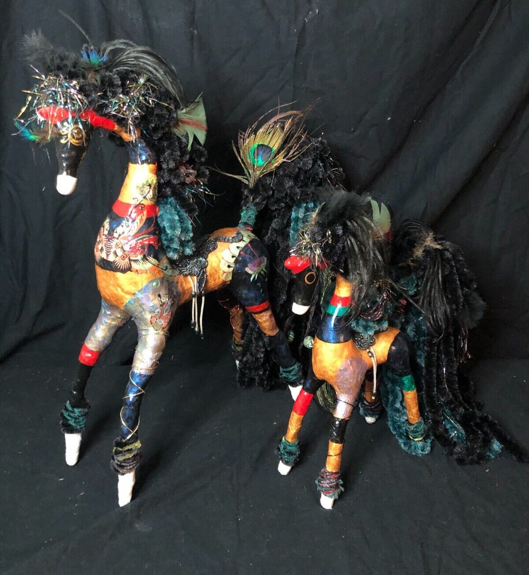 Signed Paper Mache Hand Painted Horses Feathers Mixed Media - Etsy