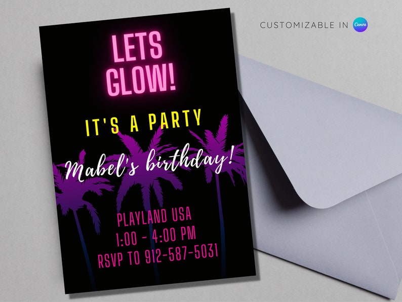Neon Birthday Invitation Template, Glow Party Invitation Instant ...