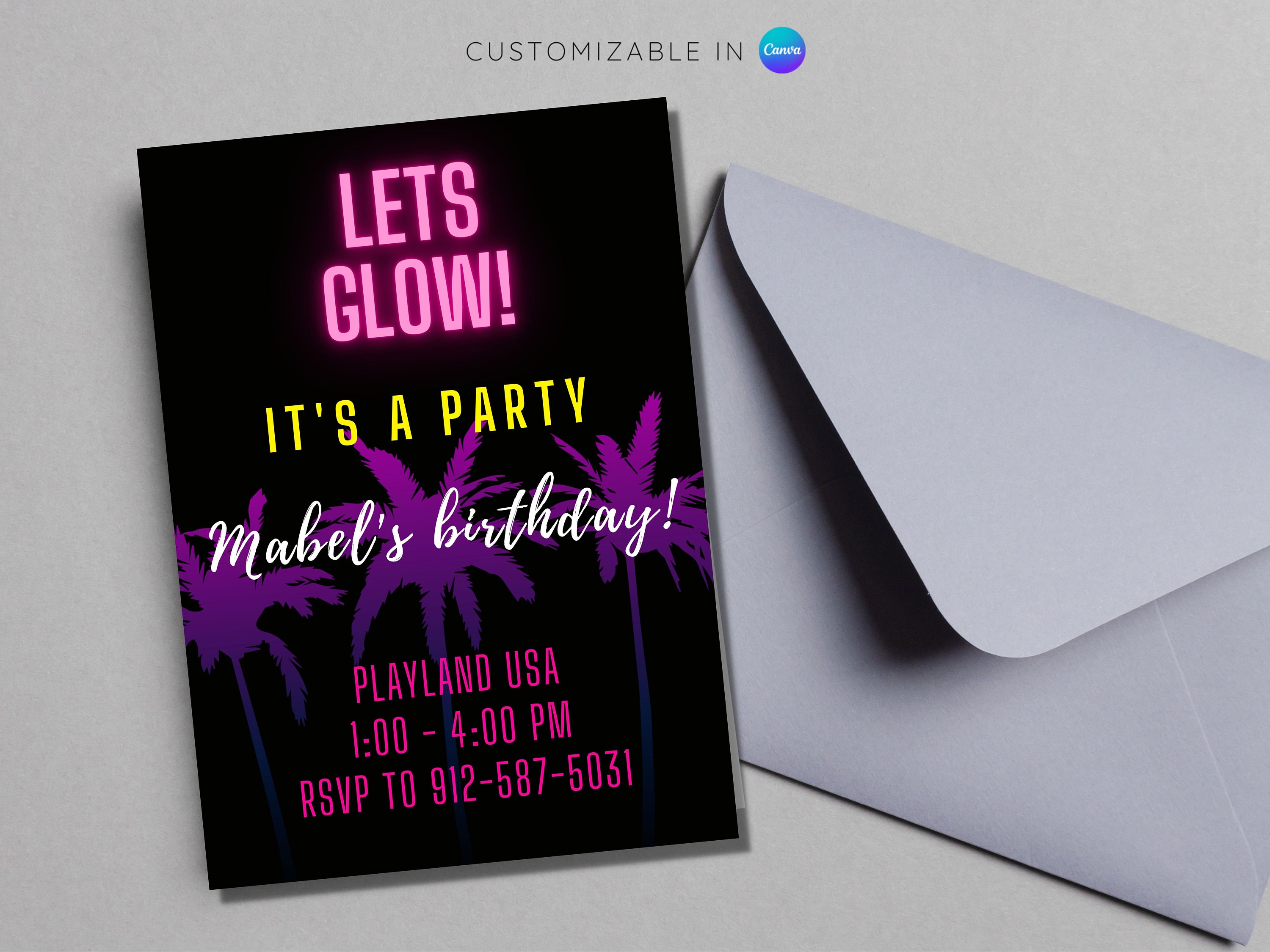 Neon Birthday Invitation Template, Glow Party Invitation Instant ...