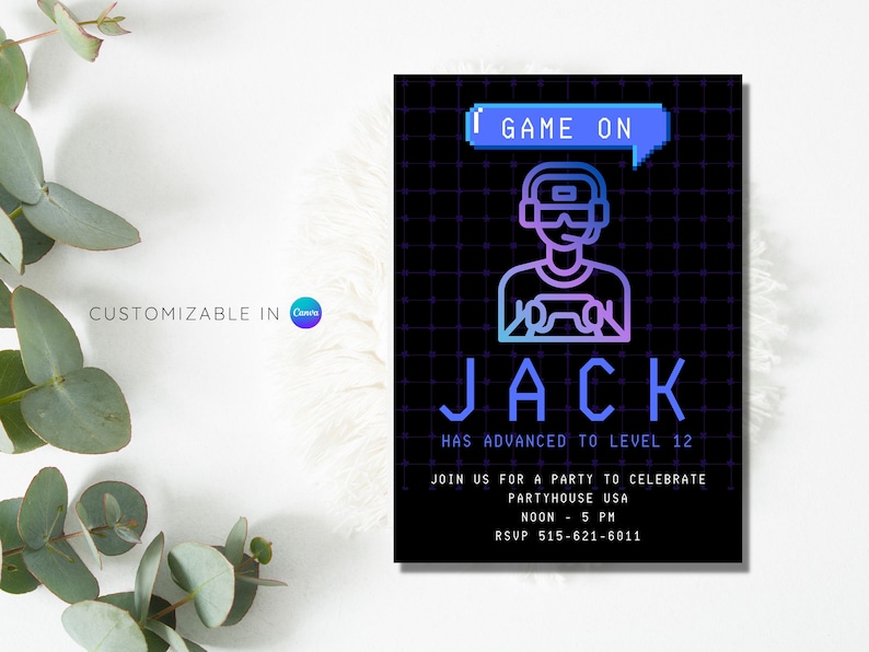 EDITABLE Video Game Party Invitation, Gamer Birthday Invite, Green Glow ...