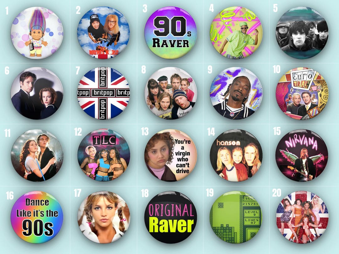 90's Pin Badges | Retro Gift | Music | Bands | TV | Party Costume ...