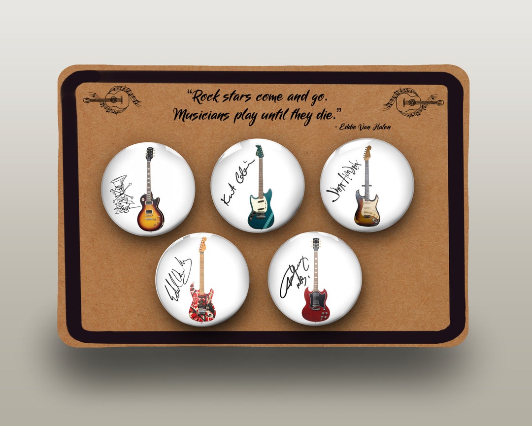 Guitar Icons Pin Badges | Guitar Strap Case | Tote Bag | 32mm Buttons ...