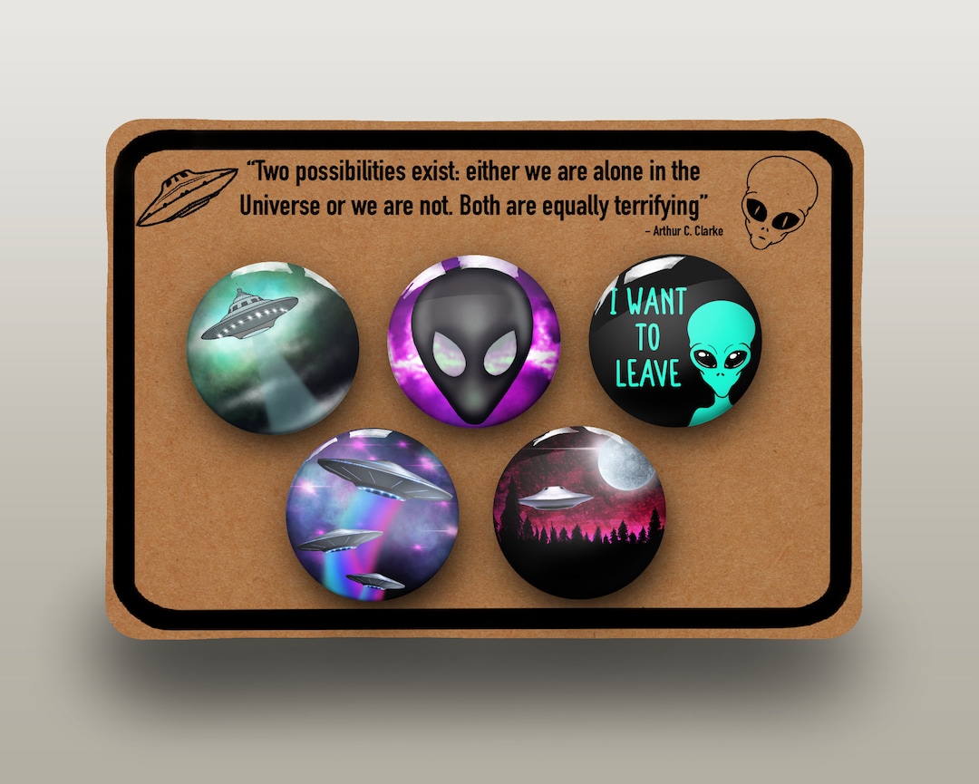 UFO Aliens Badge Pin Button | Set of 5 X 32mm Pins | UAP Expert Gift | Little Green Men ...