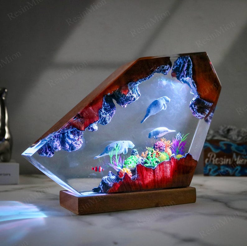 Manatee Family Resin Wood Lamp, Resin Art,minimalist Decor,gift for ...