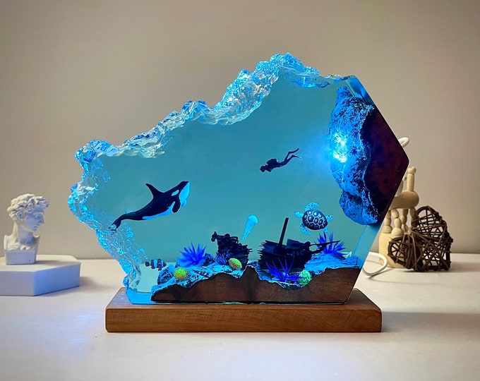 Orca Whale and Turtle Resin Wood Lamp ,killer Whale Resin Lamp,handmade ...