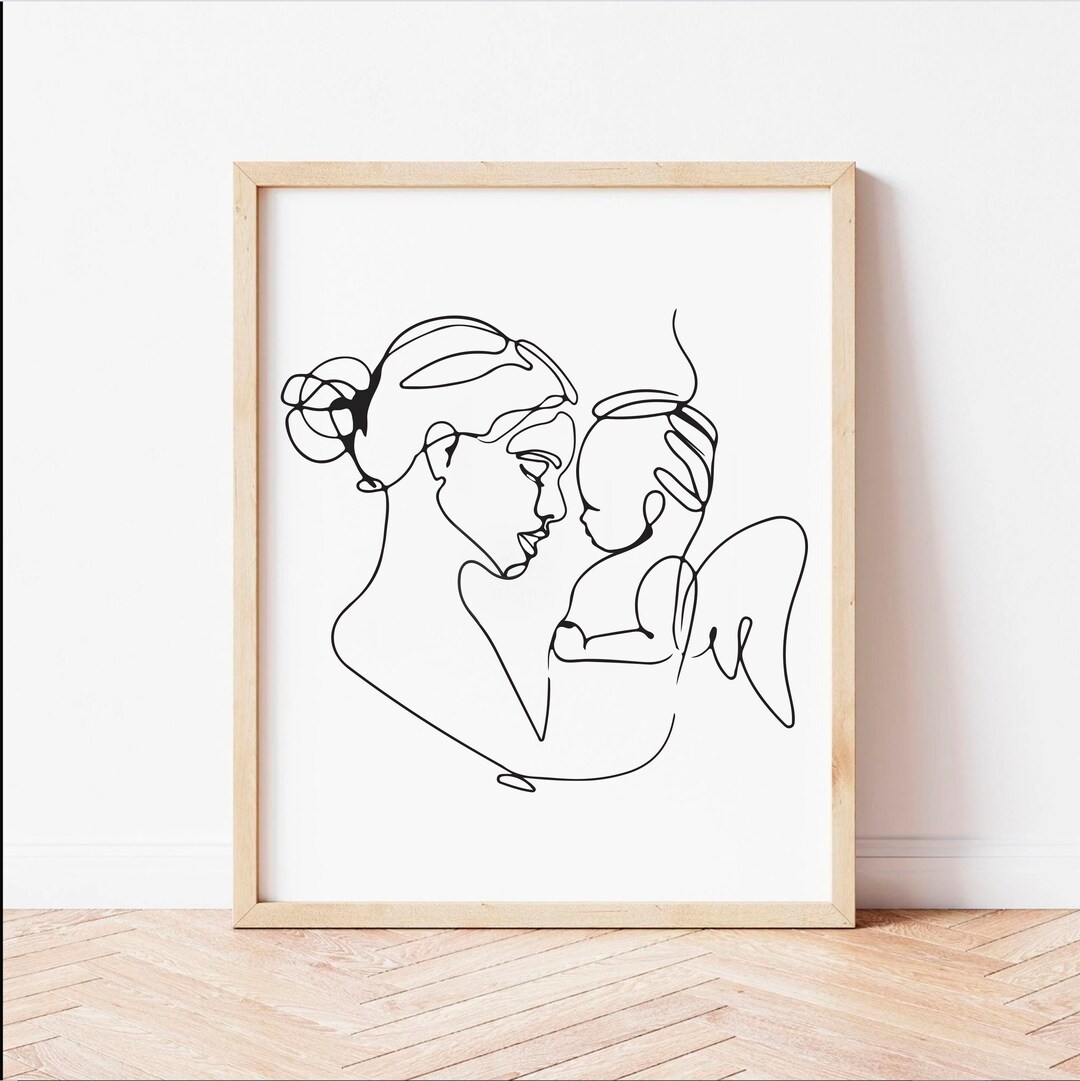 Line Art Print, Mom and Angel Baby Line Art, Baby Memorial Gift, Mother ...