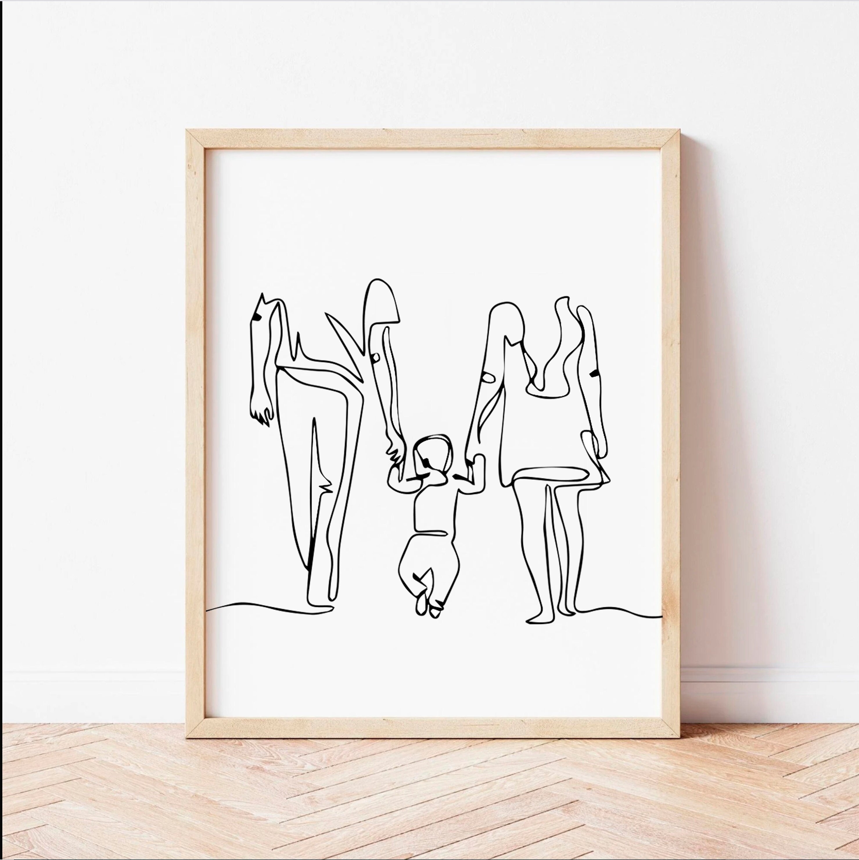 Family Line Art, Mom Dad and Child Art Print, Family Line Art Portrait ...