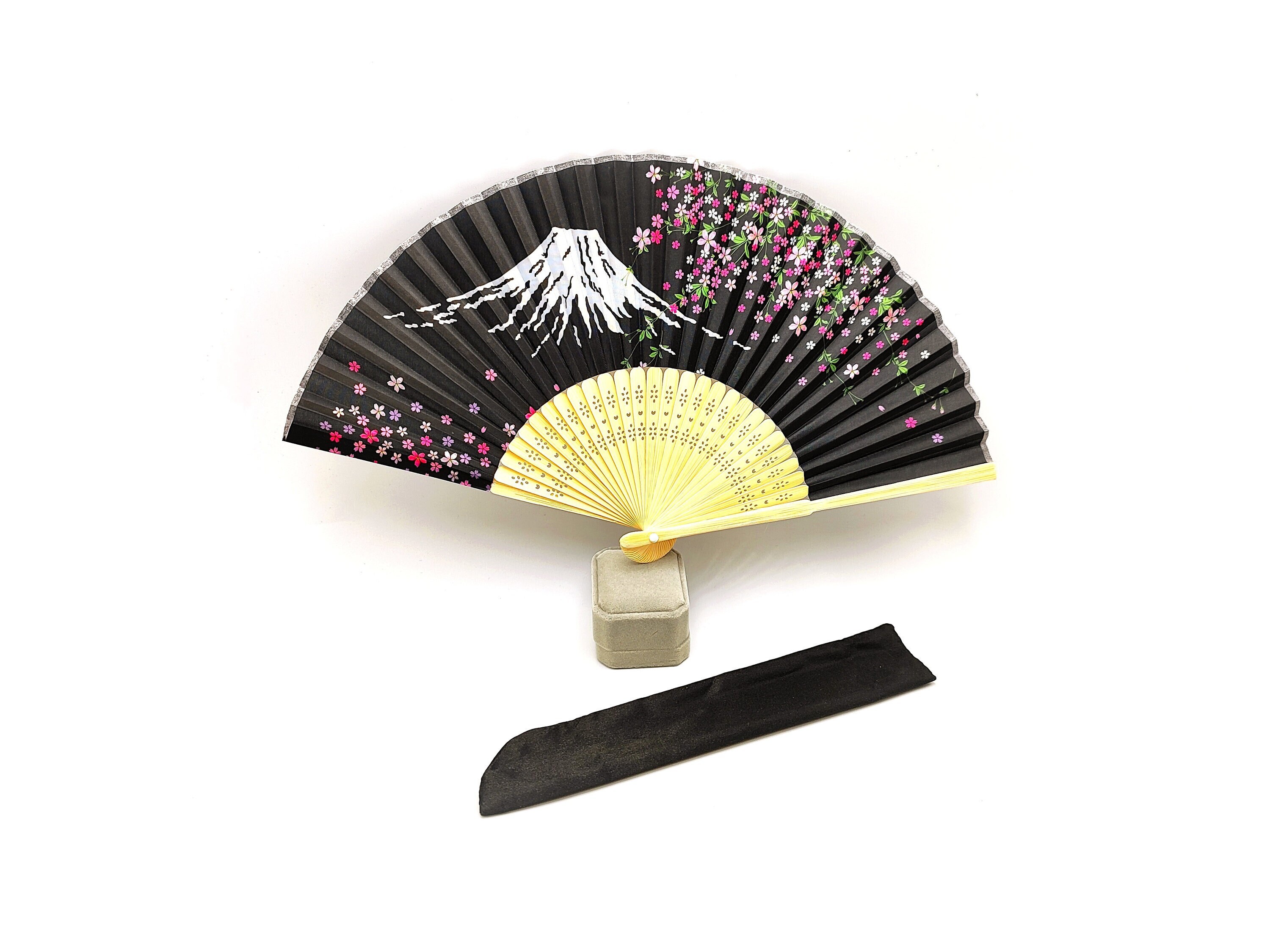 Black Folding Fan in Bamboo and Fabric Pattern of Sakura - Etsy