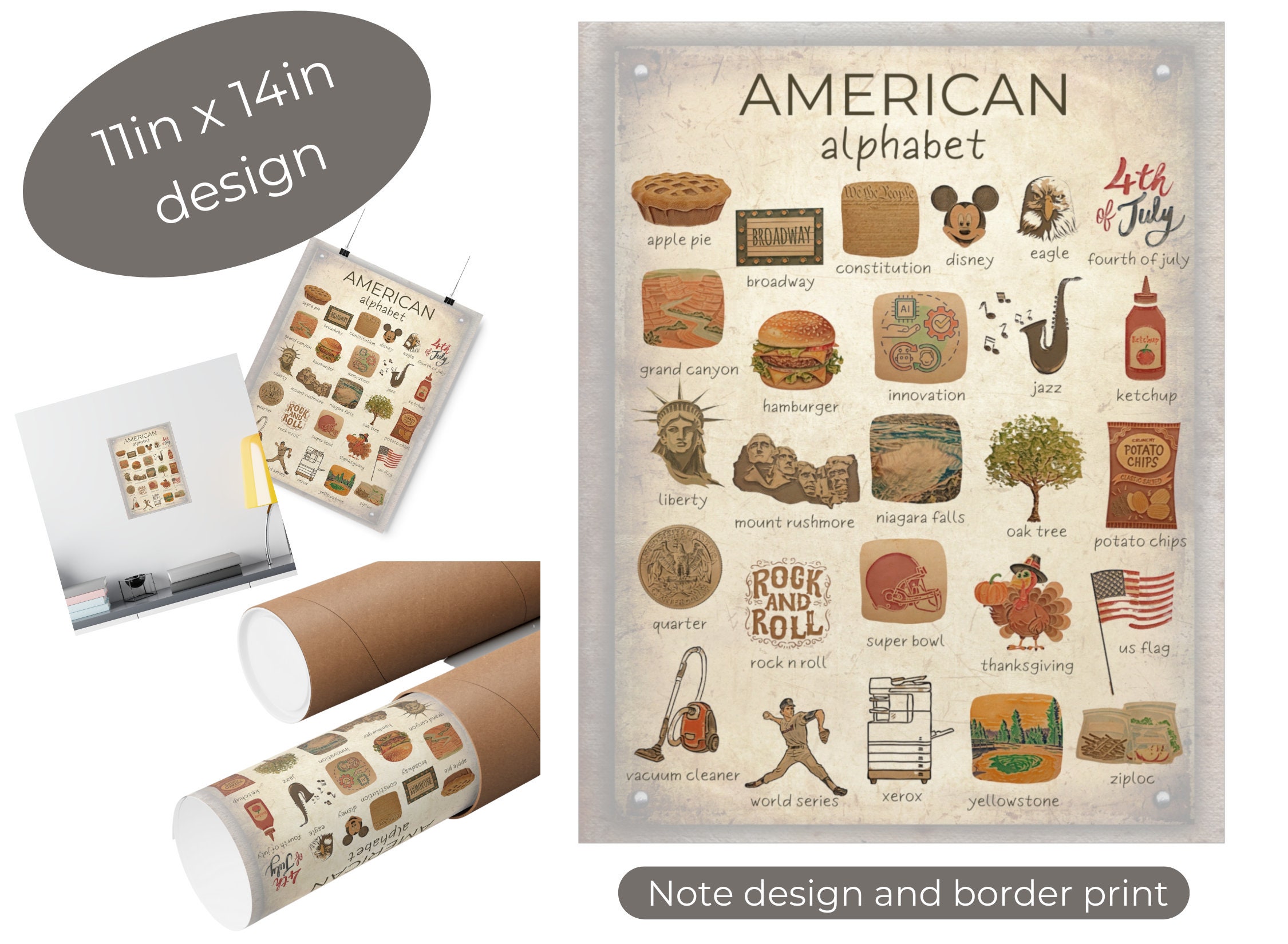 Vintage American Alphabet, Custom Vertical Poster, Patriotic USA Wall ...