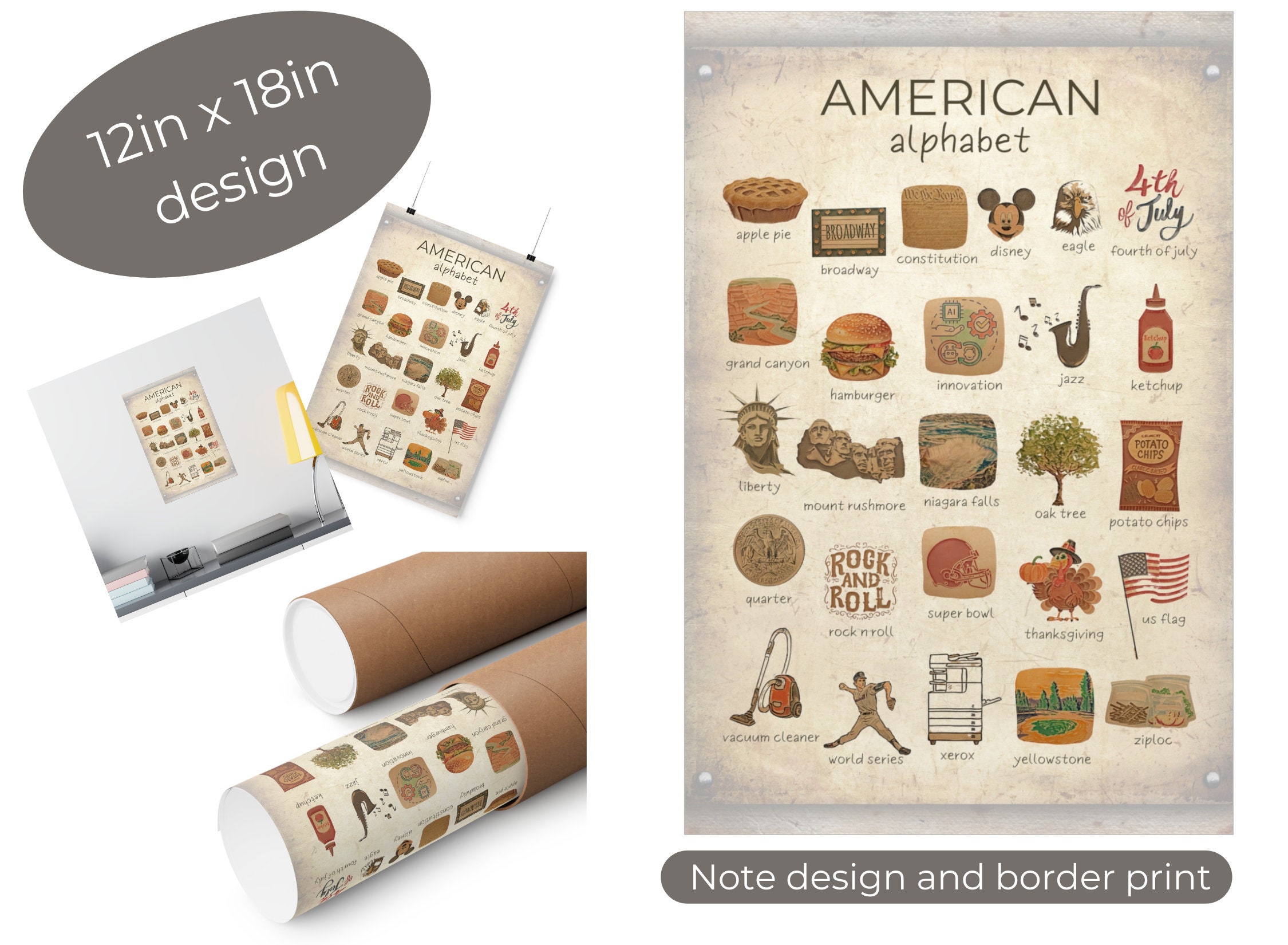 Vintage American Alphabet, Custom Vertical Poster, Patriotic USA Wall ...