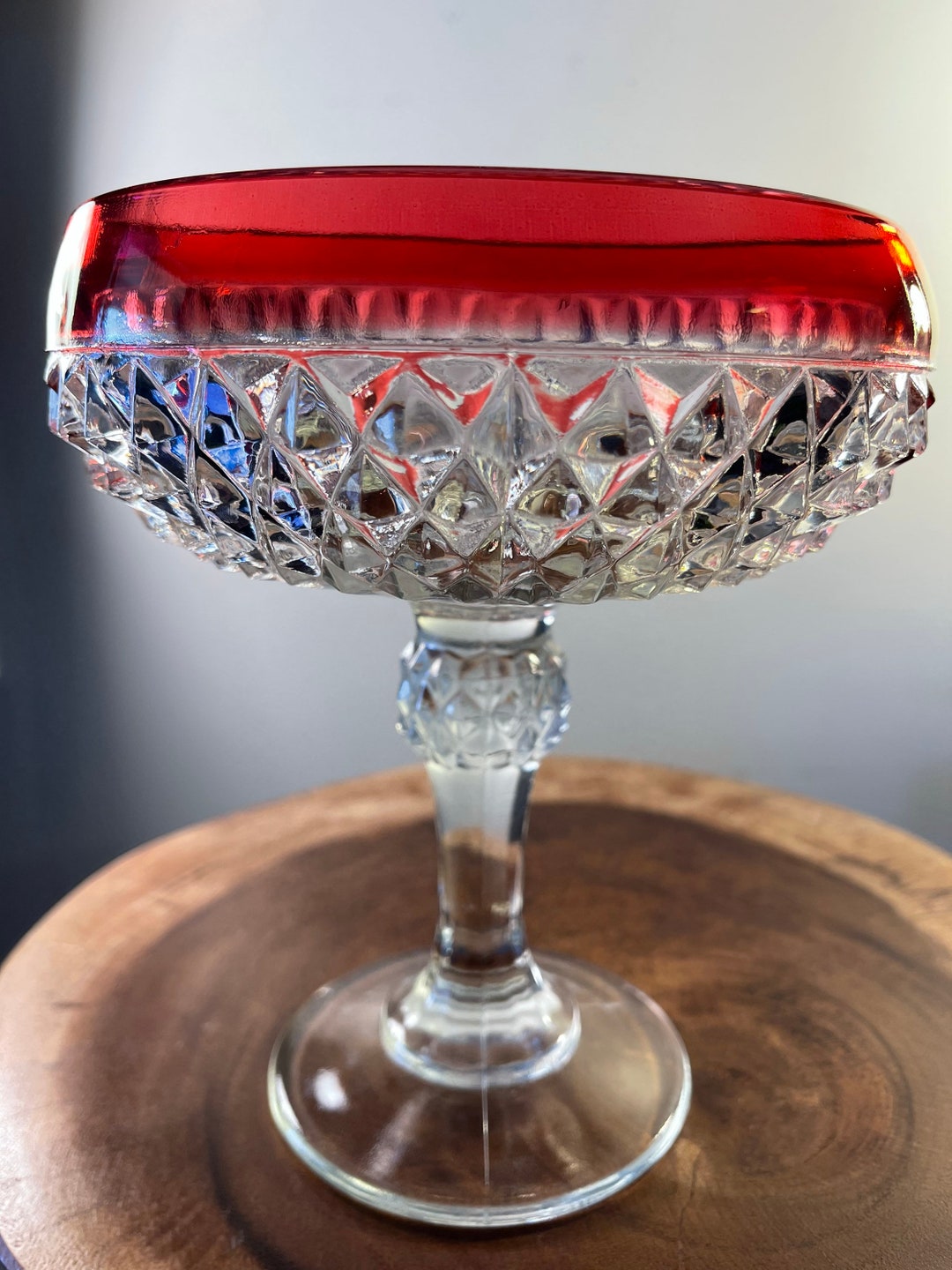 Vintage Indiana Glass Diamond Point Ruby Red And Clear Compote Etsy