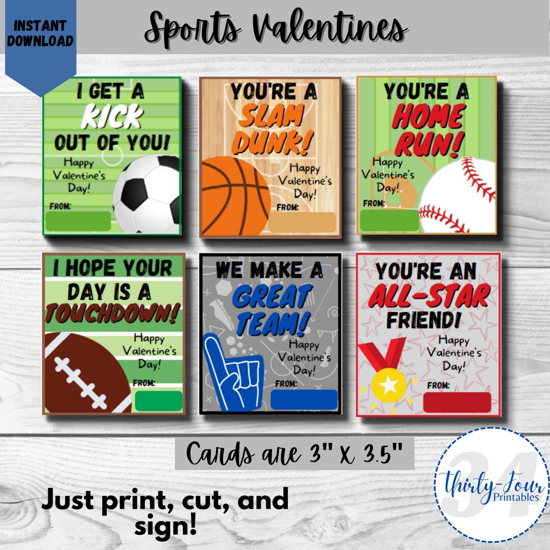 Sports Valentines Day Cards for Kids, Sports Printable Valentines Cards ...