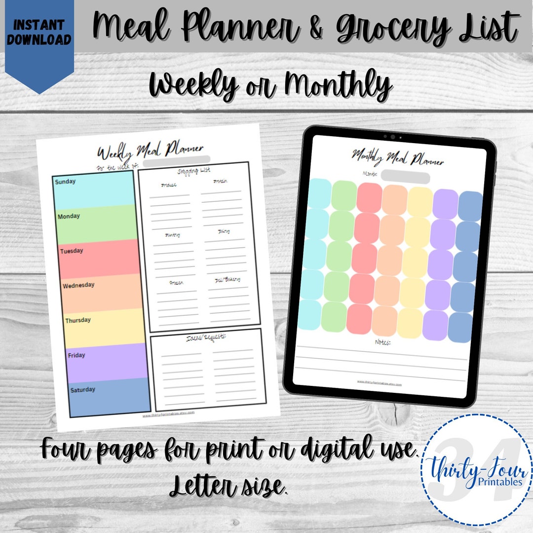 Printable Meal Planner, Digital Meal Planner, Monthly and Weekly ...