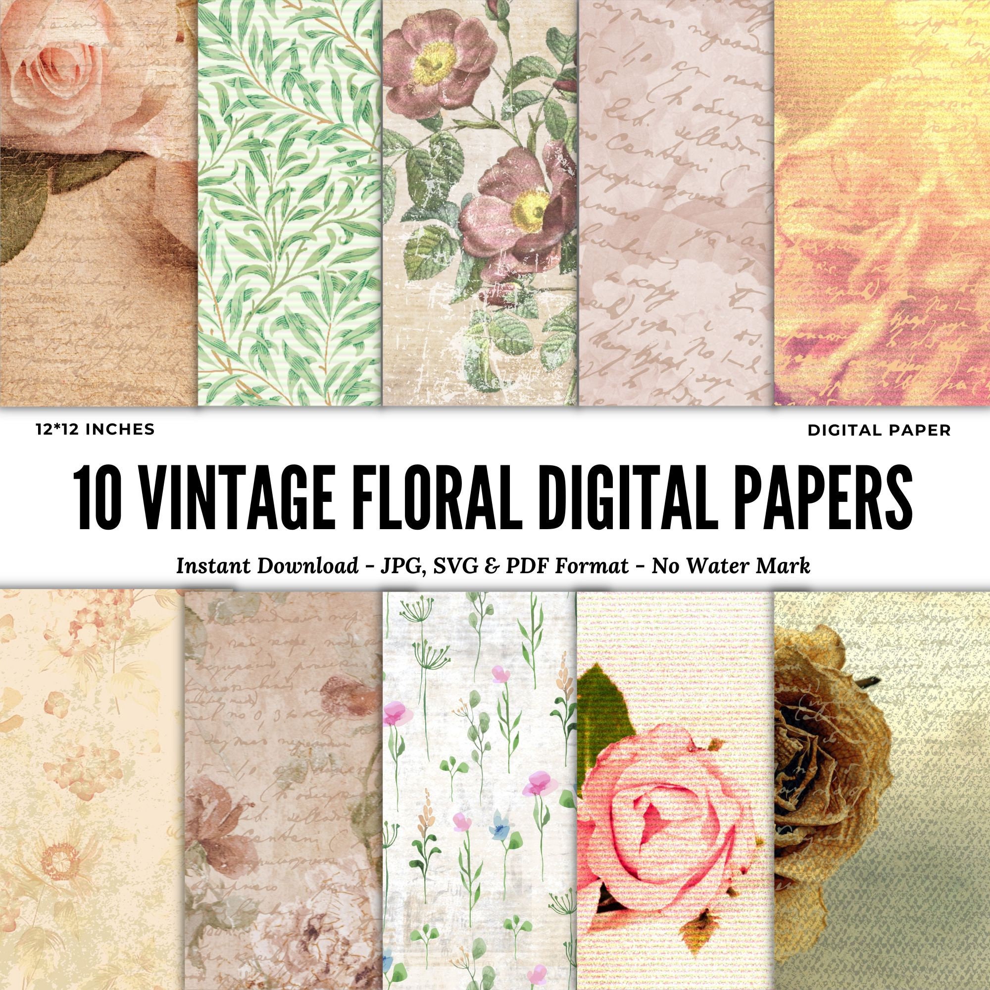 10 Vintage Flower Digital Paper Instant Download High Quality JPG & PDF ...