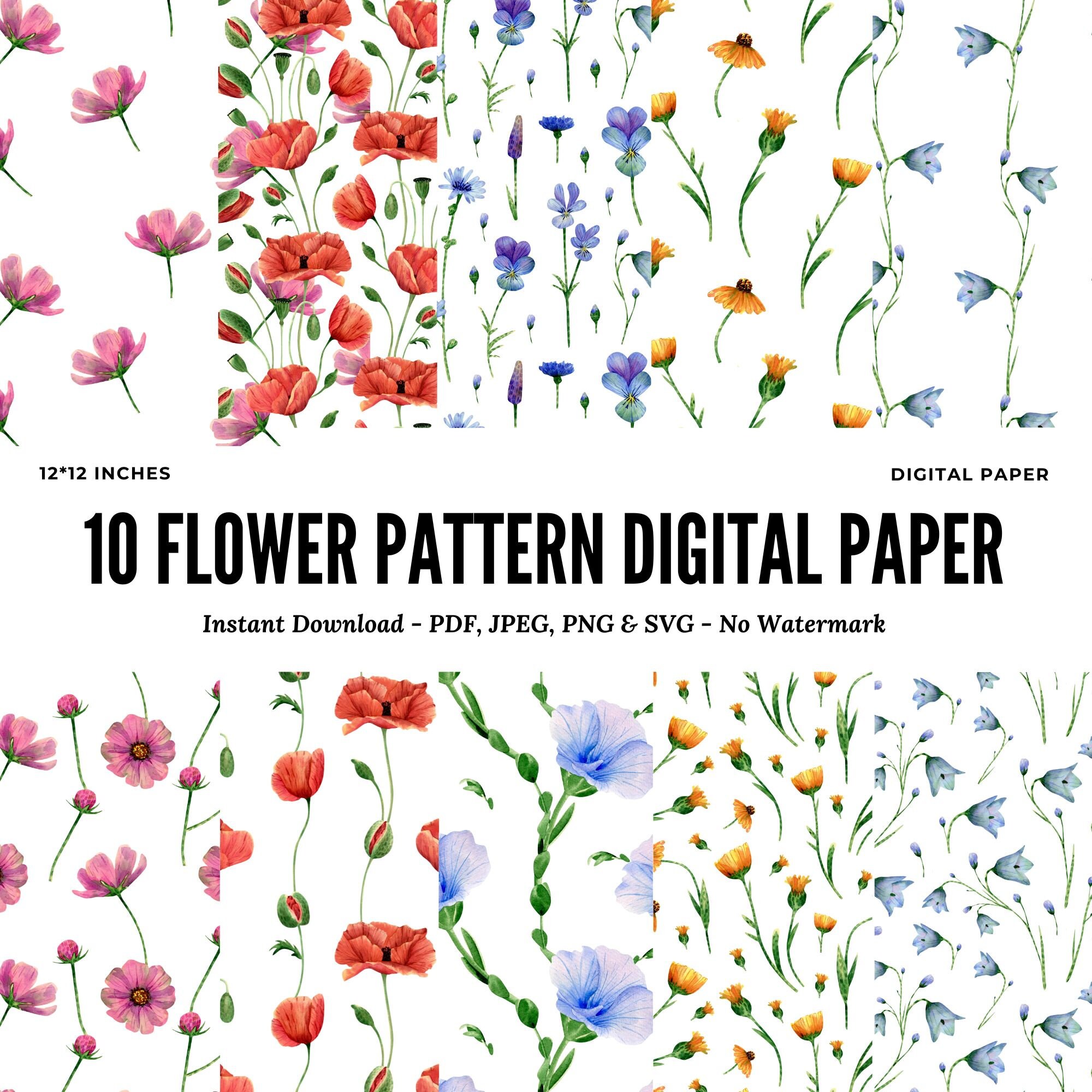 10 Flower Pattern Digital Paper Pdf, Jpg, Svg, Png Instant Download ...