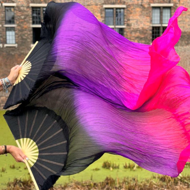 Silk Belly Dance Fan Veils in Black Purple Fuchsia - Etsy