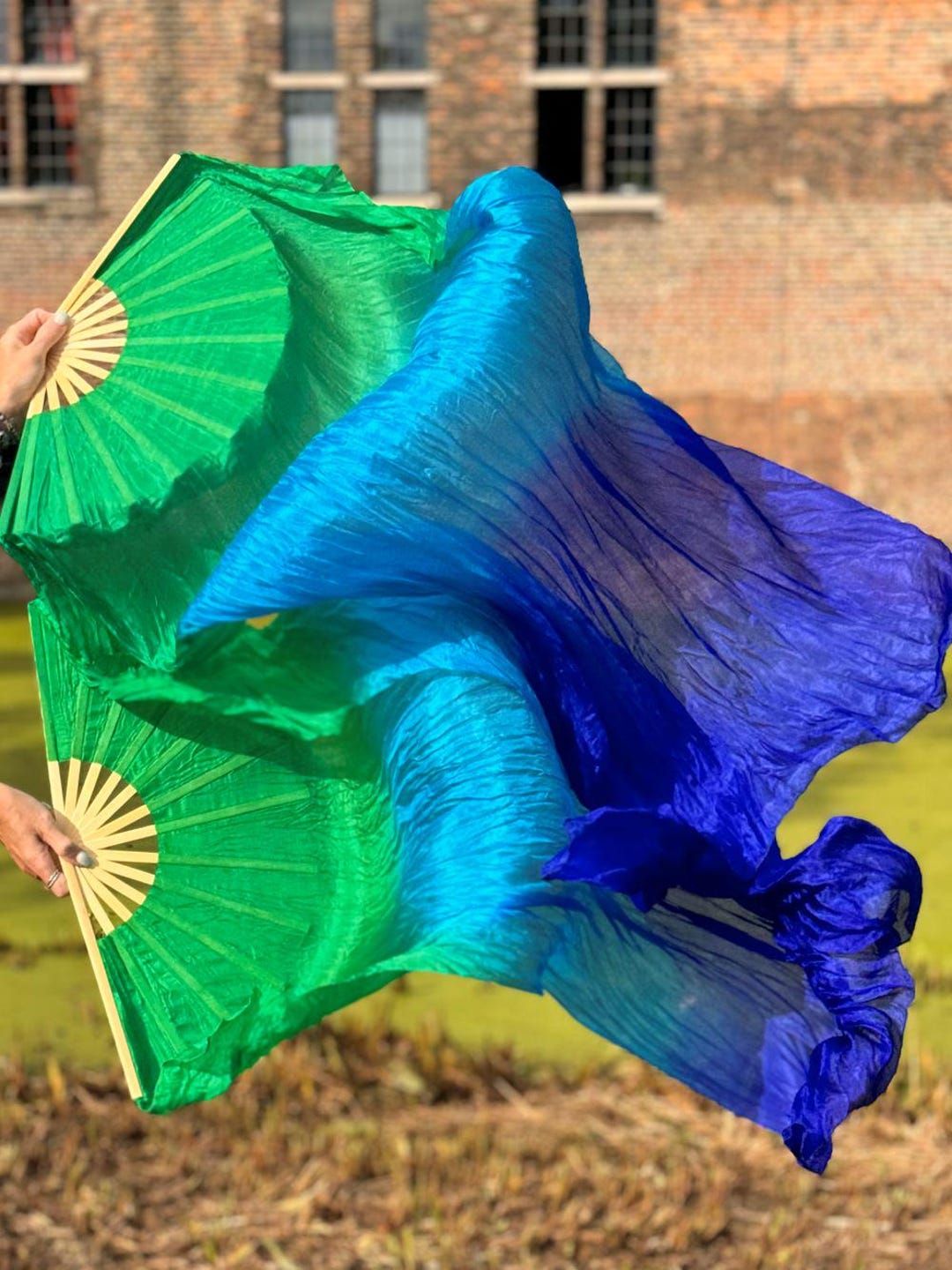 Silk Belly Dance Fan Veils in Green Turquoise Blue - Etsy