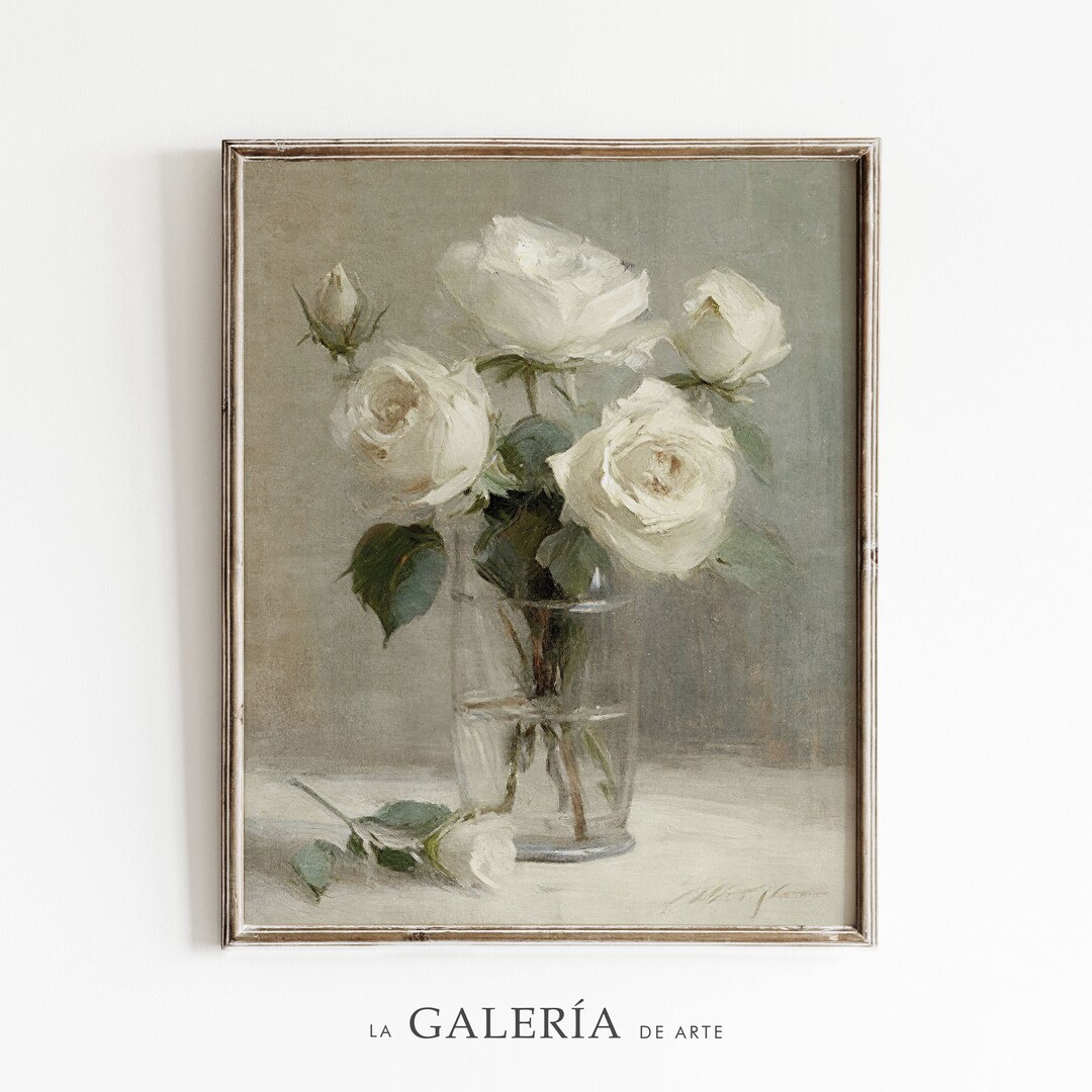 Roses Still Life Painting | White Flower Art | Vintage Botanical Print ...