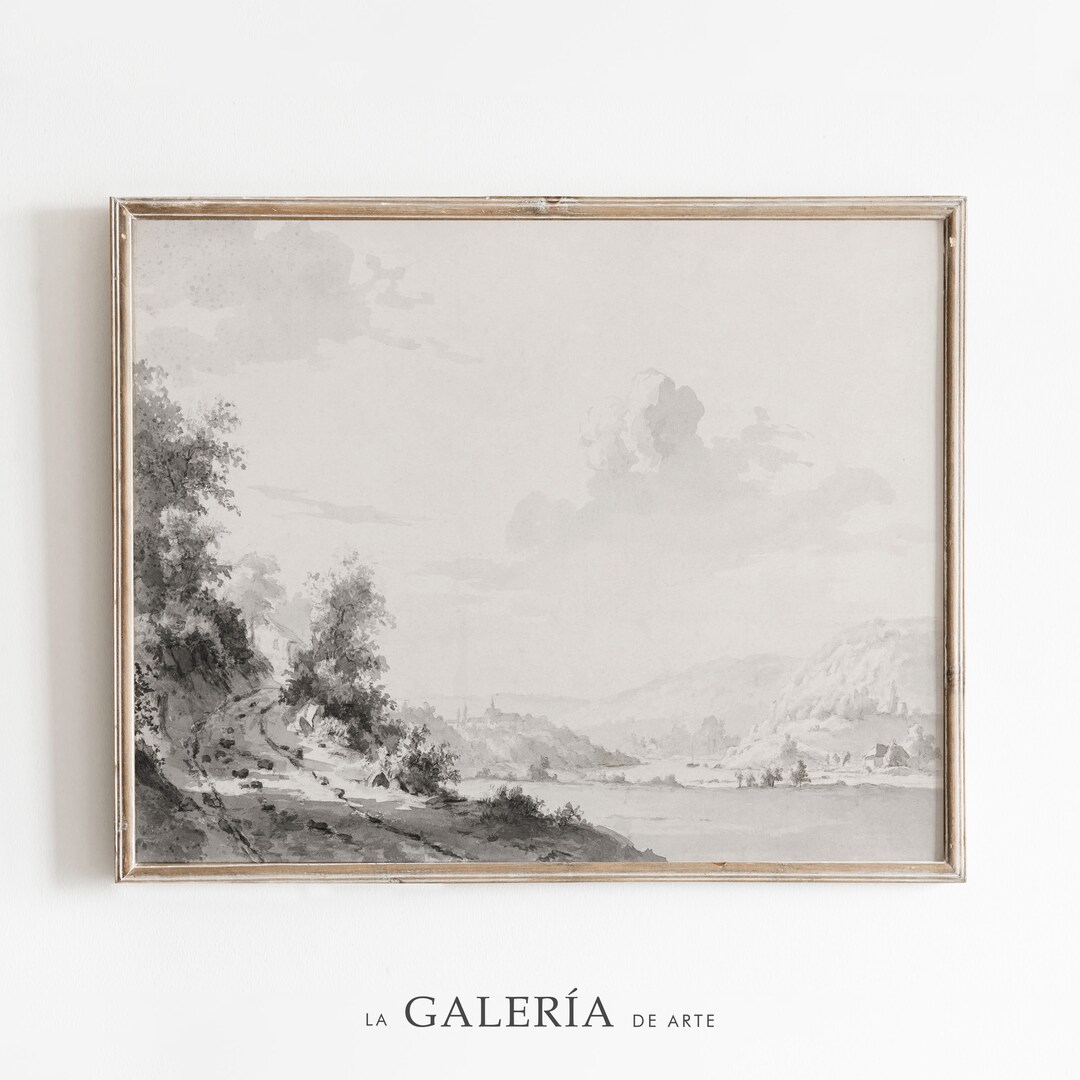 Rustic Country Landscape Drawing | Vintage Sketch Wall Art | Landscape ...