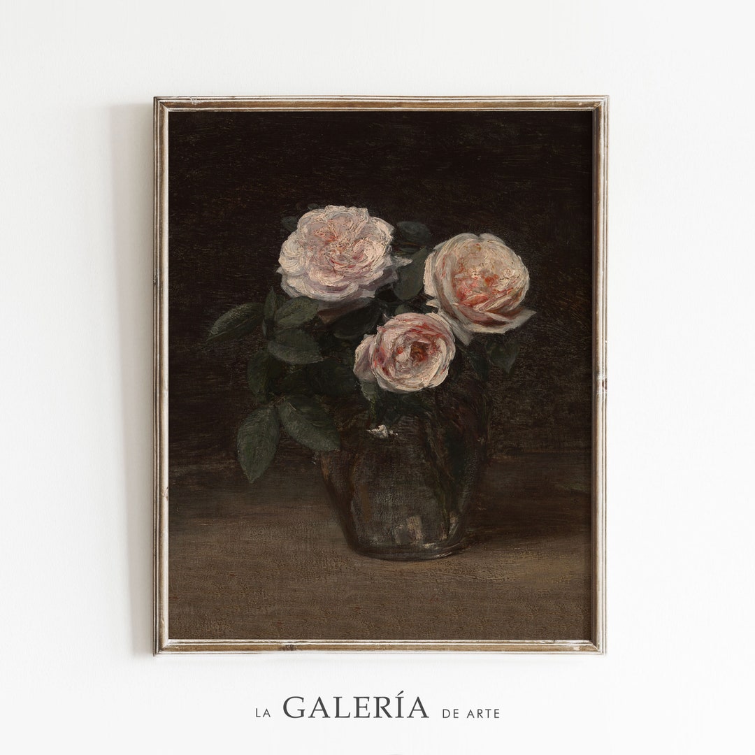 Still Life Roses Painting | Vintage Botanical Art Print | Moody Flower Painting - Etsy