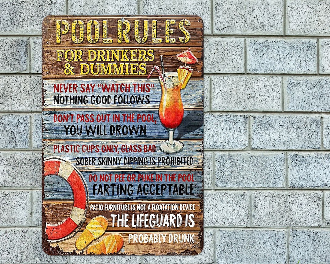 Pool Rules for Drinkers & Dummies Sign Aluminum Metal 8"x12" Funny Deck ...