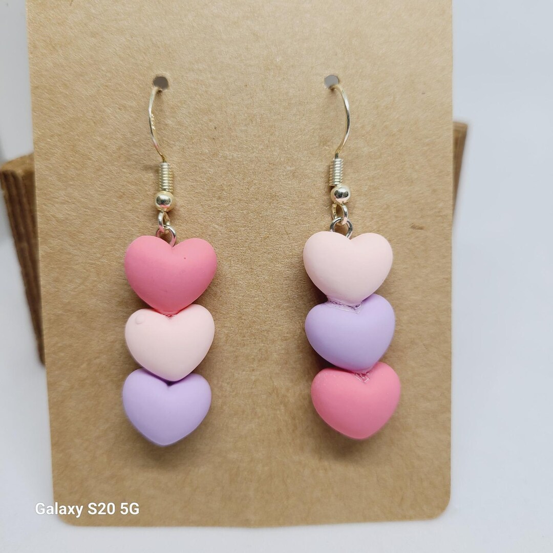 Handmade Stacked Heart Dangle Drop Earrings Pastel Colors Ladies NEW 2 ...