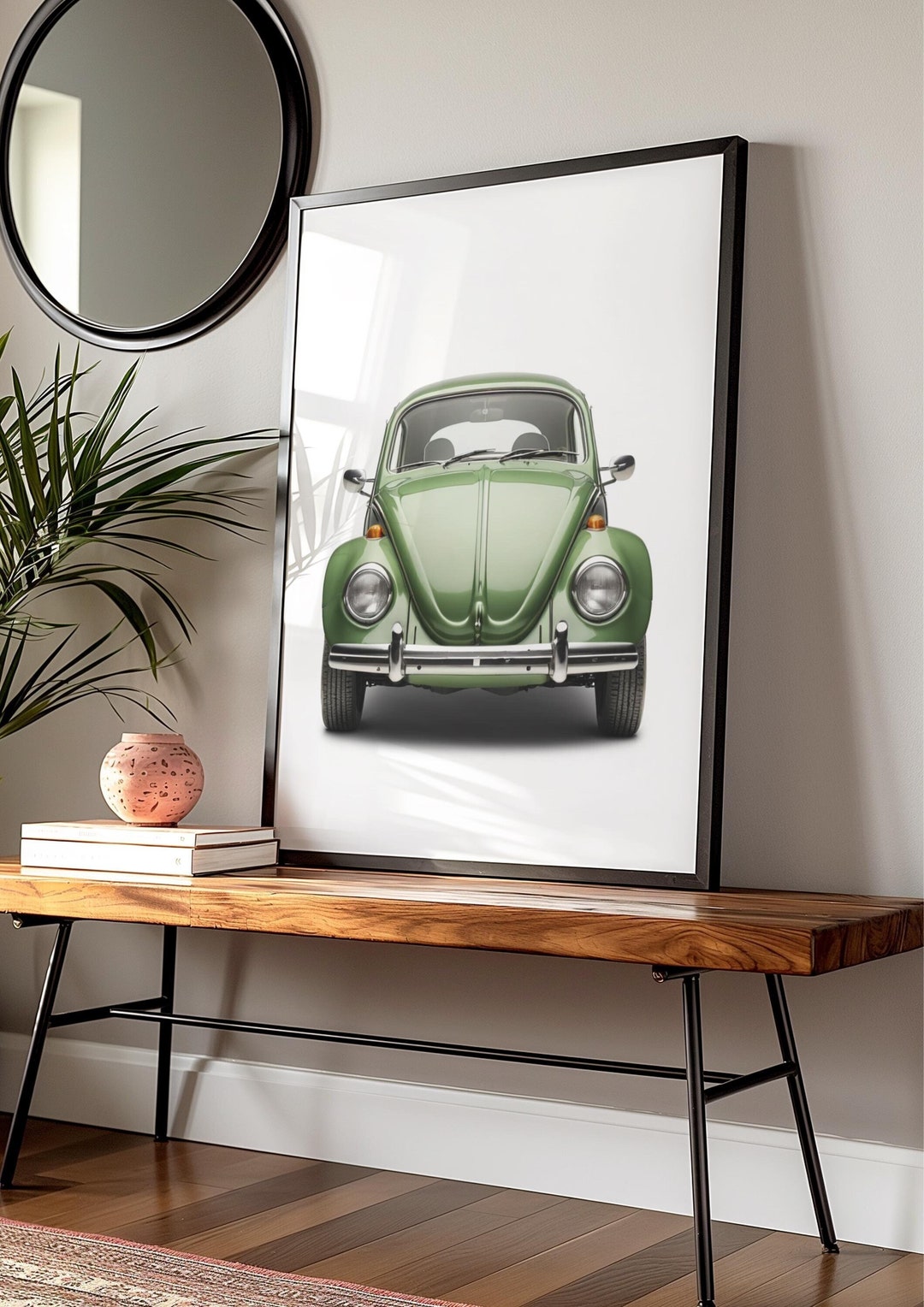 Green Vintage Volkswagen Beetle Poster, Retro VW Beetle Wall Art ...