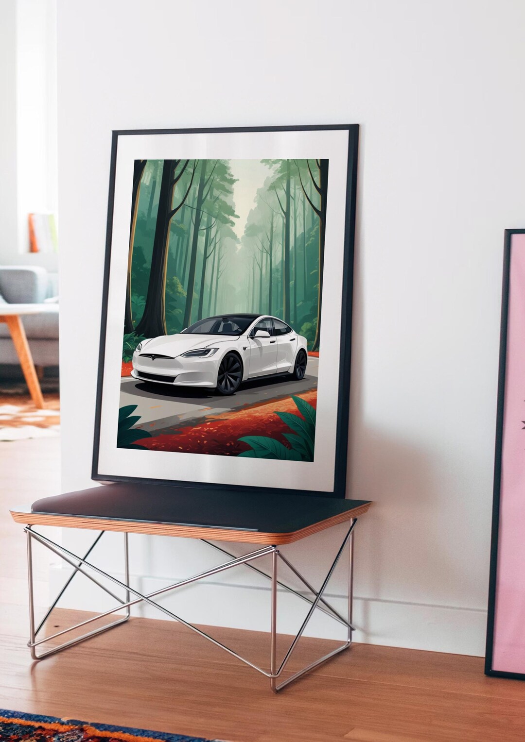 White Tesla Model S Poster, Electric Car Wall Art, Tesla Model S Print ...