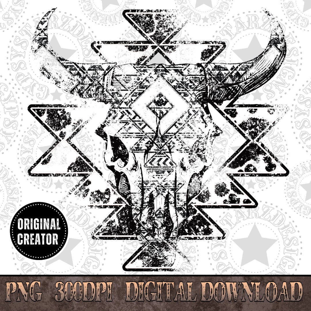 Distressed Cow Print Aztec Western Bull Skull Png, Western PNG, Png ...