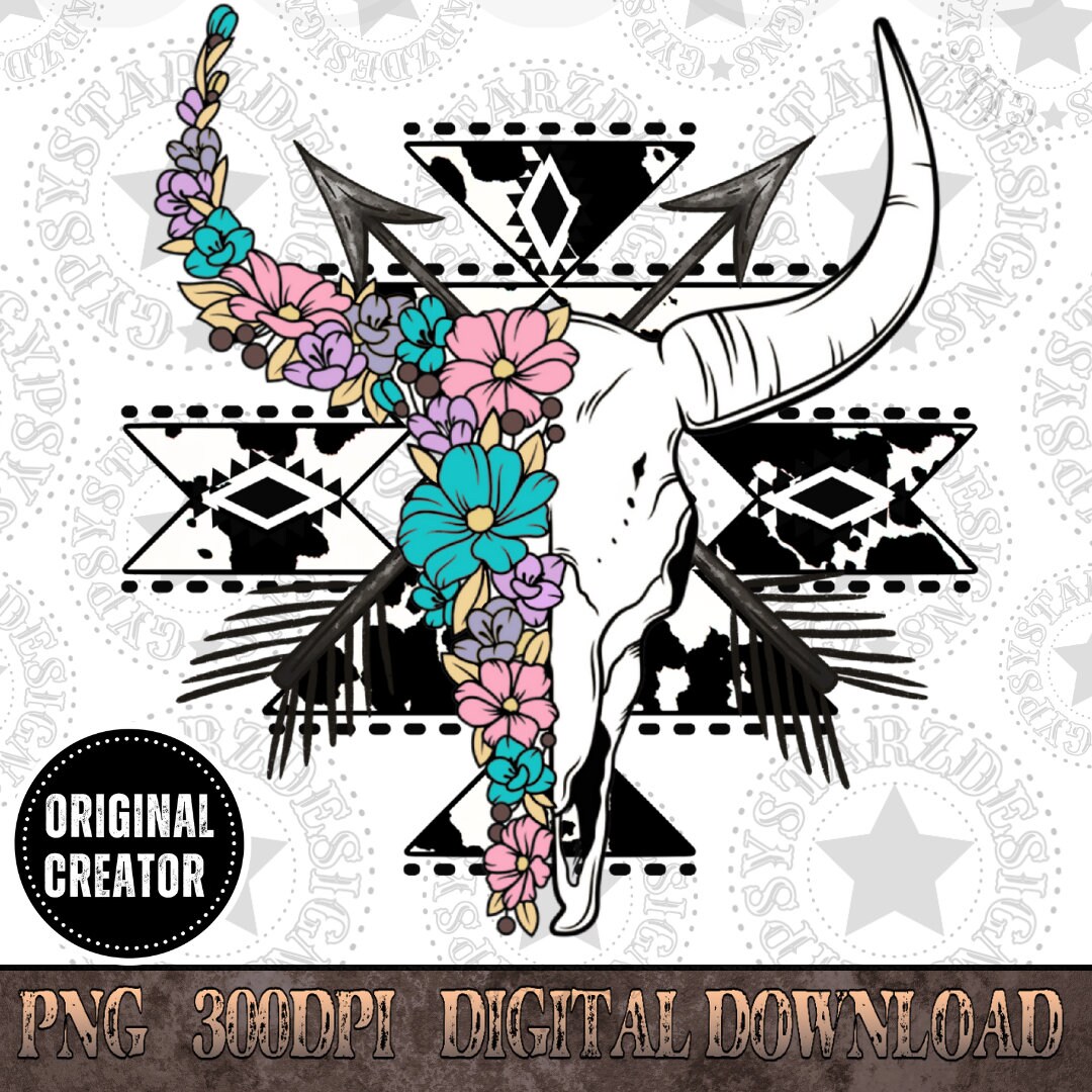 Cow Print Aztec Western Bull Skull Png, Western PNG, Western PNG, Png ...
