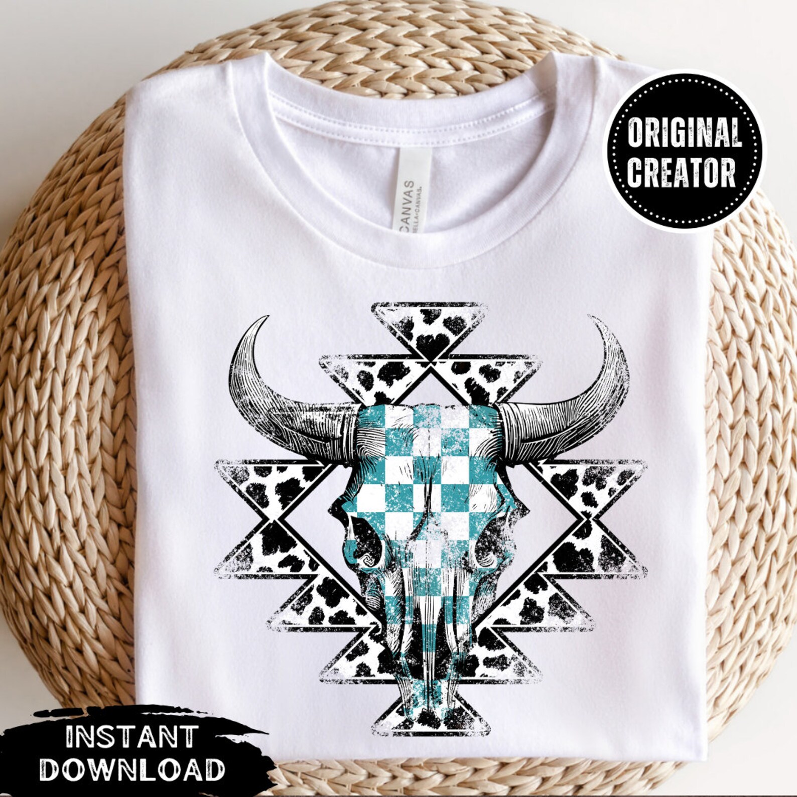 Distressed Cow Print Bull Skull PNG, Western Aztec Design (digital ...