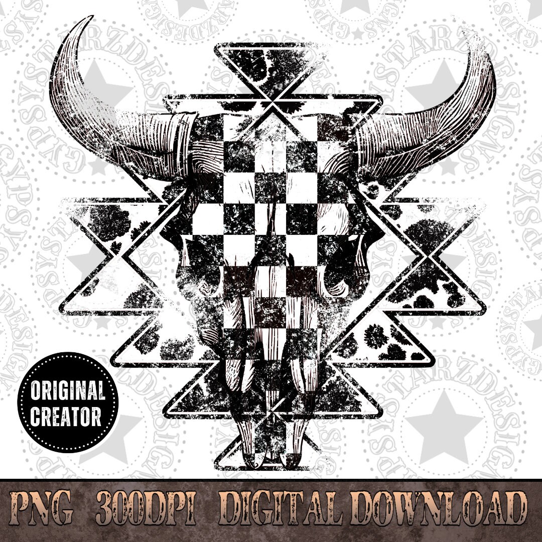 Distressed Cow Print Aztec Western Bull Skull Png, Western PNG, Png ...