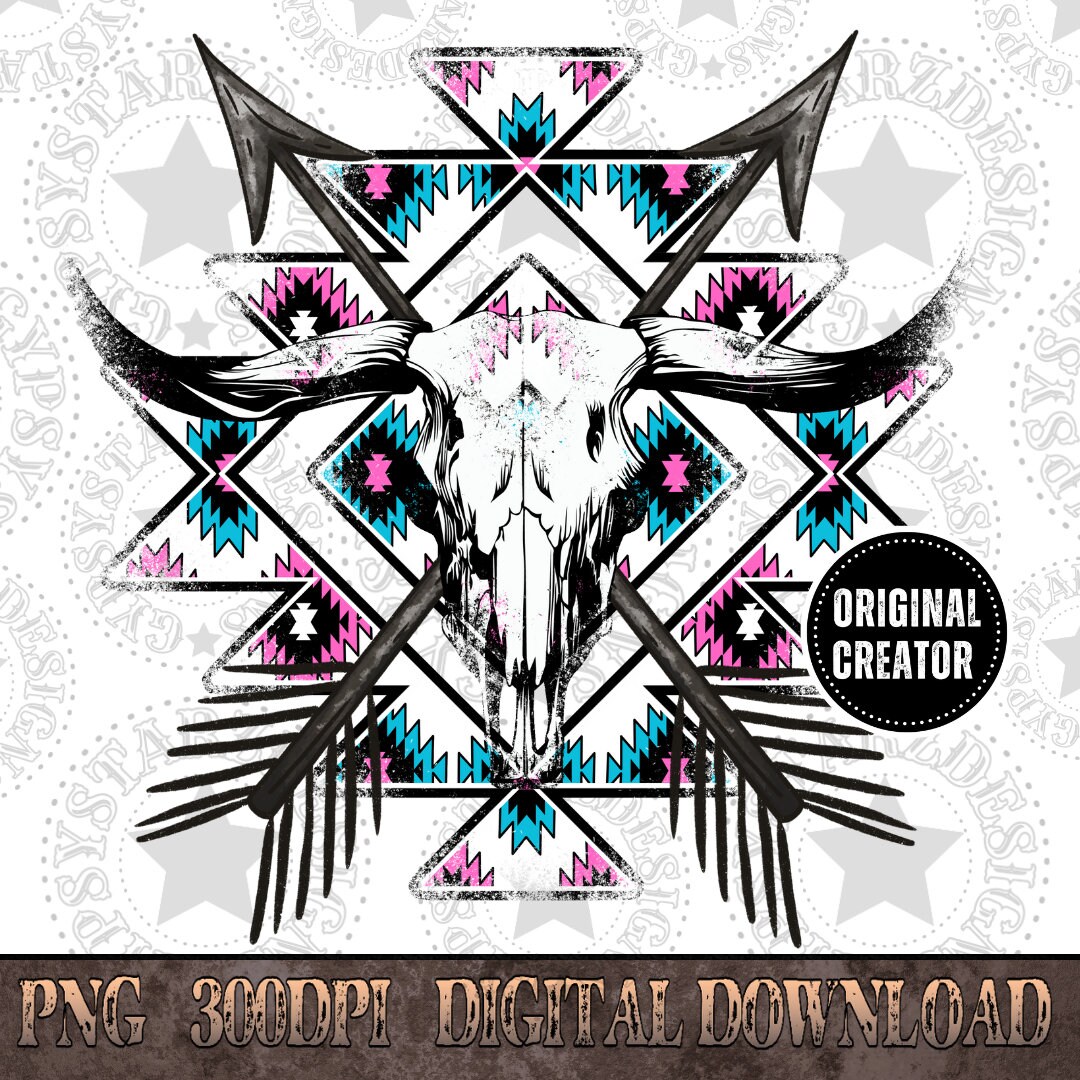 Distressed Aztec Bull Skull PNG, Western Boho Design (instant Download ...