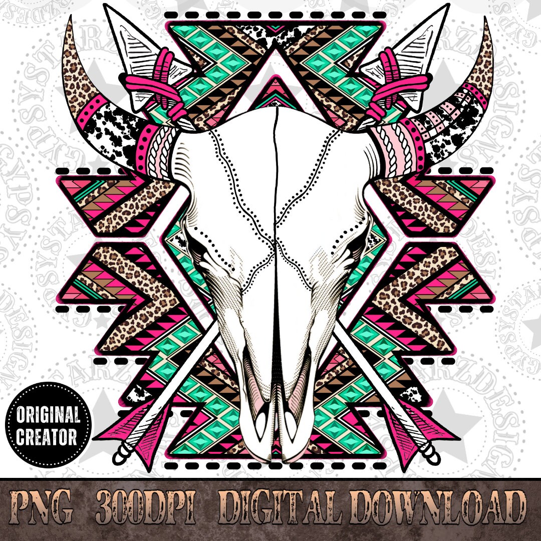 Western Png, Cow Print Aztec Western Bull Skull Png, Western PNG ...