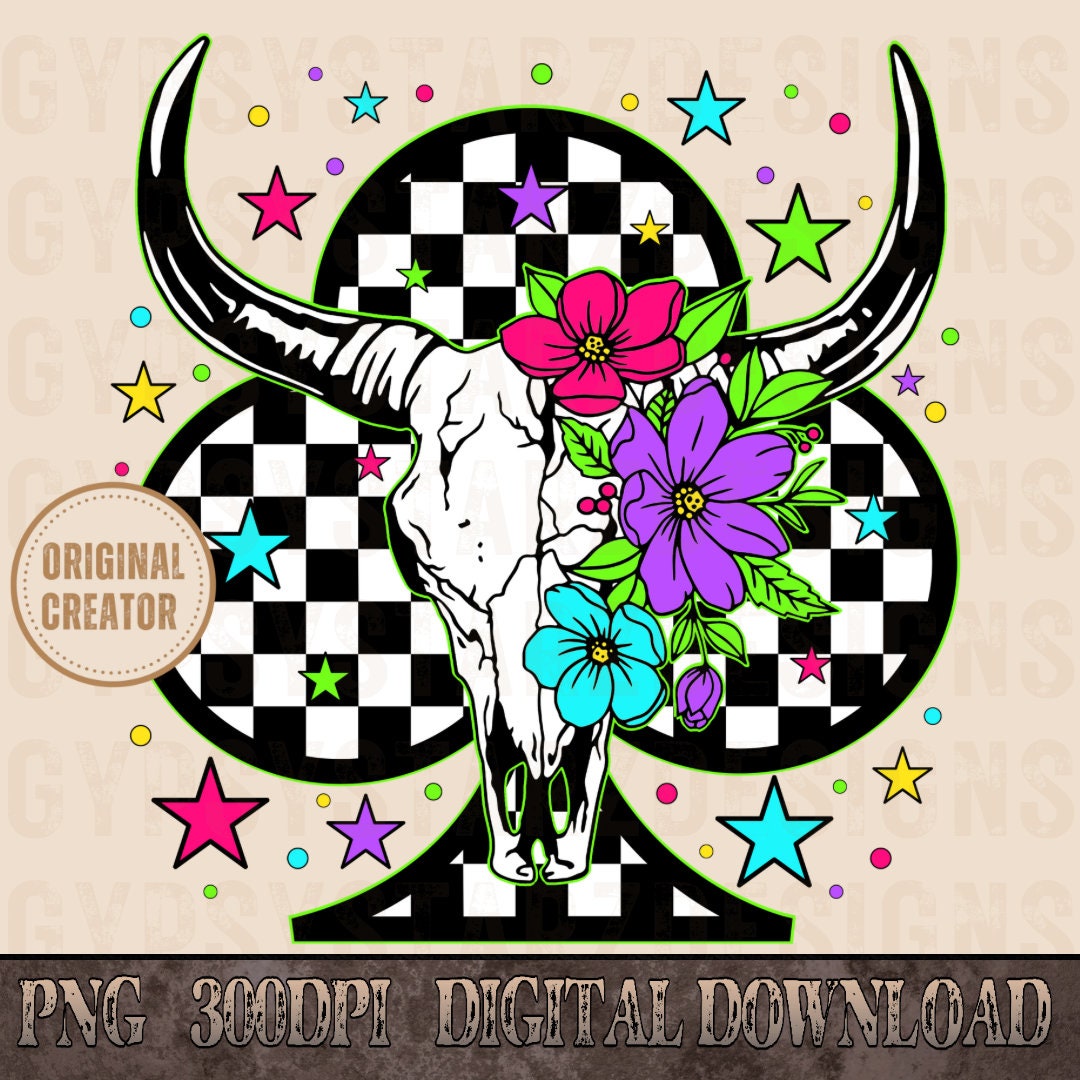 Neon Green Retro Western Bull Skull Png, Checkered Print, Western PNG ...